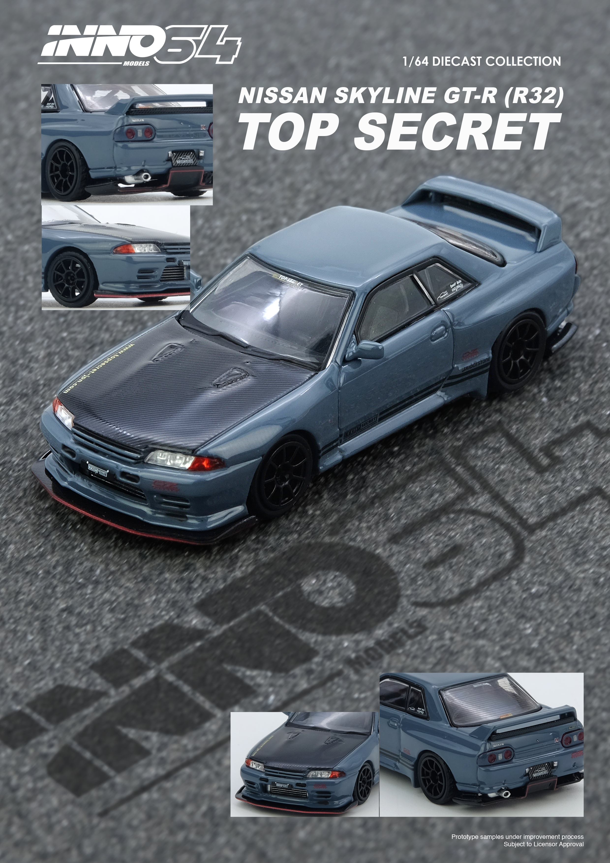Inno64 1/64 TOP SECRET R32 GT-R Stealth Grey – Black Ice Diecast